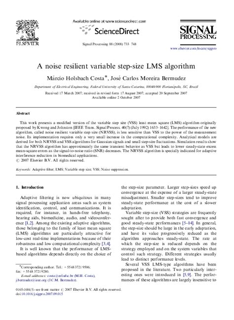 Pdf A Noise Resilient Variable Step Size Lms Algorithm