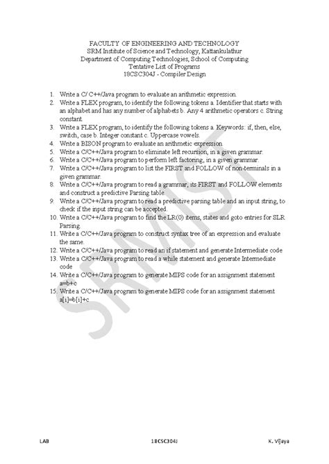 Compiler Lab Questions Lab 18csc304j K Vijaya Faculty Of Engineering
