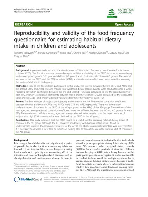 Pdf Reproducibility And Validity Of The Food Frequency Questionnaire For Estimating Habitual