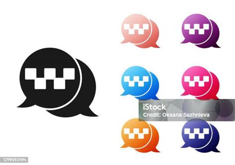 흰색 배경에 격리 된 검은 택시 전화 서비스 아이콘 음성 버블 기호입니다 스마트 폰택시 다채로운 아이콘을 설정합니다 벡터 개념에