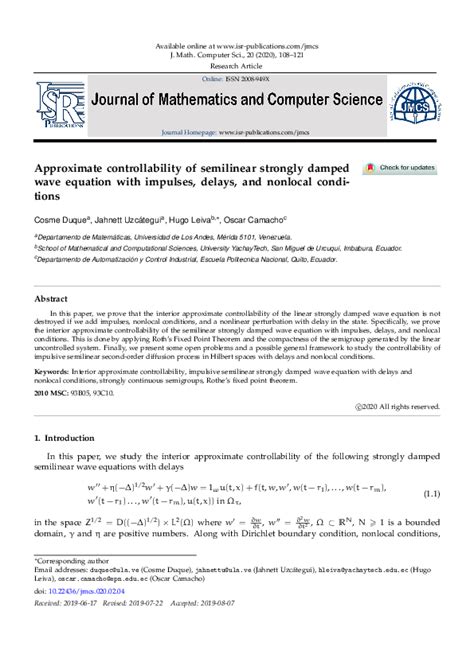 Pdf Approximate Controllability Of Semilinear Strongly Damped Wave Equation With Impulses