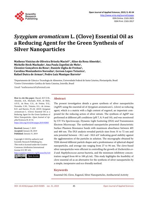 Pdf Syzygium Aromaticum L Clove Essential Oil As A Reducing Agent For The Green Synthesis