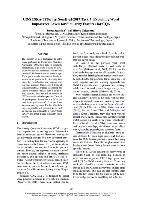 Pdf Uinsuska Titech At Semeval 2017 Task 3 Exploiting Word Importance Levels For Similarity