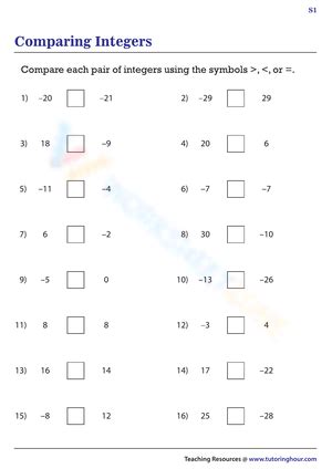 Comparing Integers Worksheets