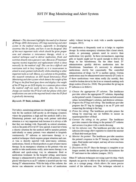 Iot Iv Bag Monitoring And Alert System Pdf Intravenous Therapy Computer Engineering