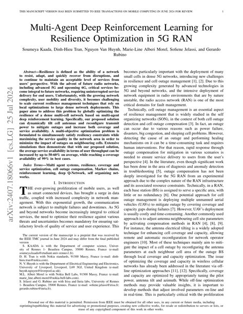 Pdf Multi Agent Deep Reinforcement Learning For Resilience Optimization In 5g Ran