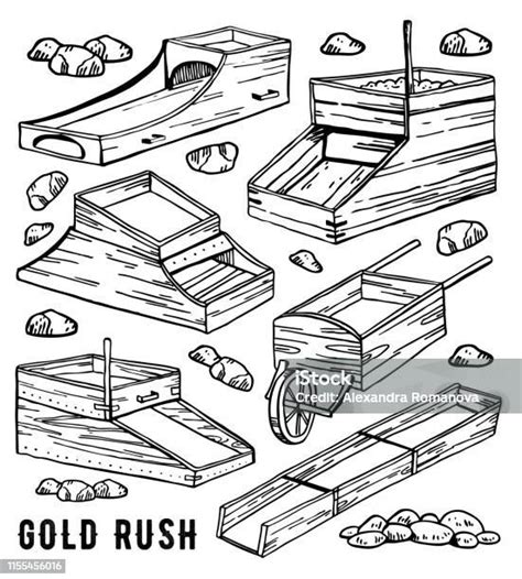 다른 로커 박스 캘리포니아 골드 러쉬 빈티지 개요 벡터 그래픽 손으로 그린 세트입니다 역사적 금 채굴 도구 개체 그룹에 대한 스톡 벡터 아트 및 기타 이미지 Istock