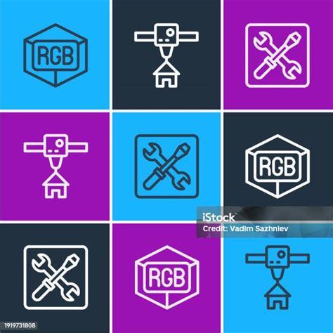 라인 Rgb 및 Cmyk 색상 혼합 3d 프린터 설정 및 집 아이콘을 설정합니다 벡터 3차원 형태에 대한 스톡 벡터 아트 및 기타 이미지 3차원 형태 Cmyk 고풍