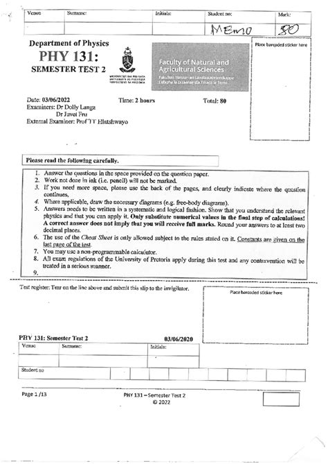 PHY 131 Semester Test 2 2022 MEMO PHY 131 Studocu