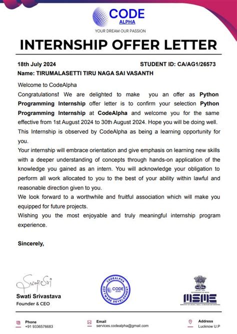 thirumalasetti tiru naga sai vasanth on linkedin internship pythonprogramming codealpha