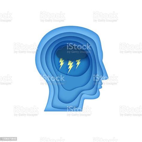 종이 컷 스타일로 구름과 번개와 남자 두뇌 실루엣 머리 Wotld 정신 건강의 날 10 월 요소 개념 심리학과 정신의학 나쁜 기분 마음의 강 박 증 우울한 상태 분노 아이에