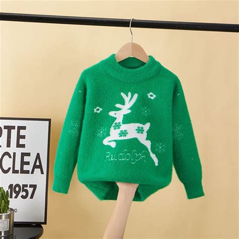 Badu Bg Пуловери за момичета с елени Детски коледен пуловер Дебели топли плетени памучни