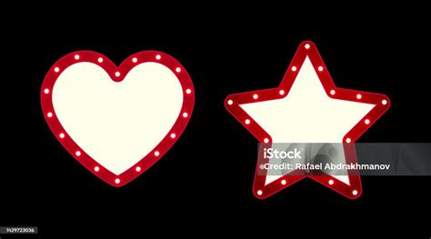 벡터 빈 복고풍 서커스 광고판 프레임과 전기 밝은 빛나는 램프 전구 심장과 별은 그림을 형성합니다 서커스 오락 행사에 대한 스톡