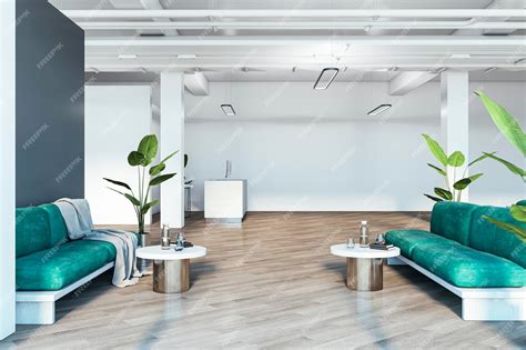 깨하고 넓은 사무실 인테리어 리셉션 데스크 가구 목조 바닥 3d 렌더링 프리미엄 사진