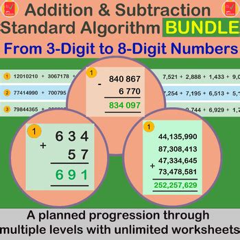 Add And Subtract 3 To 8 Digit Numbers Standard Algorithm BUNDLE