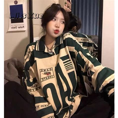 【miss Xue】美式復古上衣 嘻哈 高街 衛衣女 Ins 風 寬松 慵懶風 Polo衫 Oversize 女生衣服 蝦皮購物