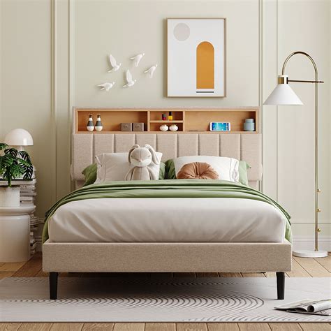 Upholstered Platform Bed Full Size Platform Bed With Storage Headboard And Usb Port Linen