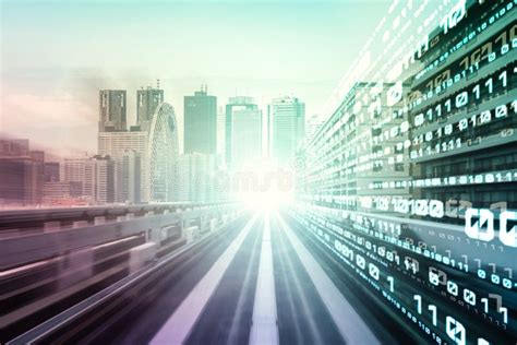 Digital Data Flow On Road With Motion Blur To Create Vision Of Fast