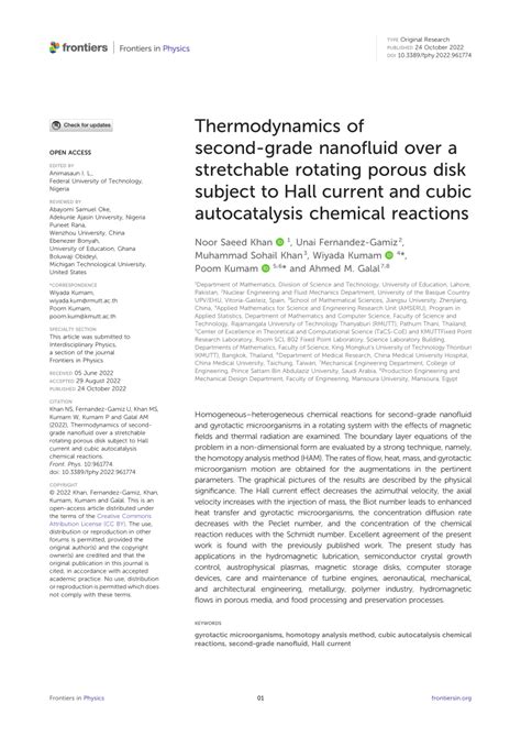 Pdf Thermodynamics Of Second Grade Nanofluid Over A Stretchable Rotating Porous Disk Subject