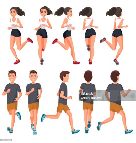 벡터 일러스트 캐주얼 옷에 있는 젊은이 실행 현실적인 사람들 그림 만화 평평한 젊은 여자 전면 측면 및 후면 보기입니다 아이소메트릭 뷰입니다 낚시를 좋아하는 여자 스포츠