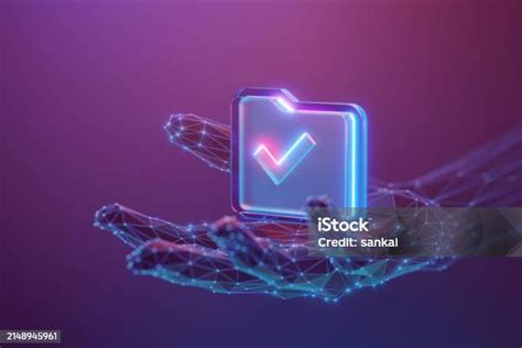 원자 배열과 신경총 효과로 만든 추상적인 인간의 손에 체크 표시 기호가 있는 폴더 아이콘입니다 3차원 형태에 대한 스톡 사진 및 기타 이미지 Istock