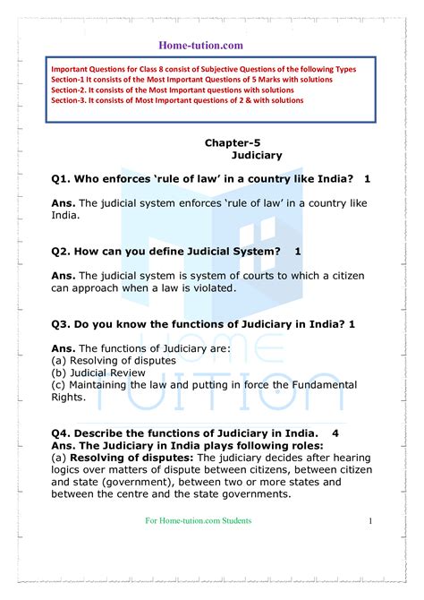 Important Subjective Questions For Cbse Class 8 Sst Political Science Civics Chapter 5 Judiciary
