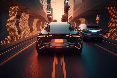 자동차가 도시를 달리고 있다 후방 뷰 스포츠카 미래형 자율주행차 Hud 자동차 제너레이티브 Ai 프리미엄 사진