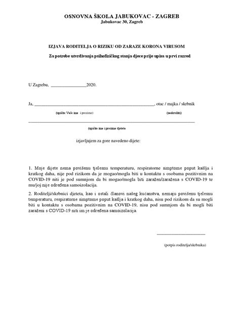 Izjava Roditelja OŠ Pdf Pdf