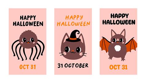 할로윈 핑크 포스터 세트 세로 할로윈 포스터 모음입니다 트렌디한 플랫 스타일과 재미있는 캐릭터 귀여운 벡터 포스터 엽서 전단지 배너에 대 한 설정 할로윈 파티 초대장 10