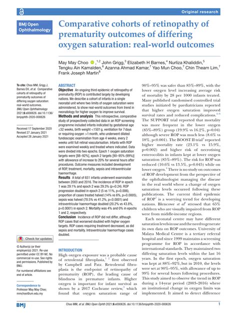 Pdf Comparative Cohorts Of Retinopathy Of Prematurity Outcomes Of Differing Oxygen Saturation