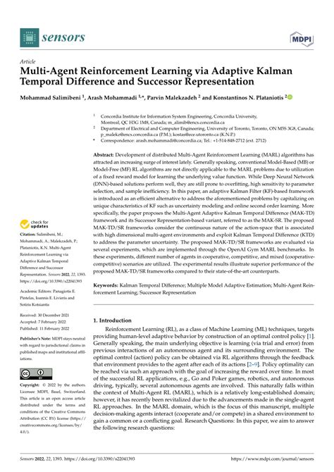 Pdf Multi Agent Reinforcement Learning Via Adaptive Kalman Temporal Difference And Successor