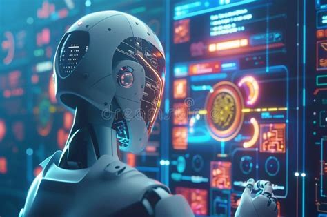 Artificial Intelligence Robot Working In Data Center Analyzing And Processing Stock