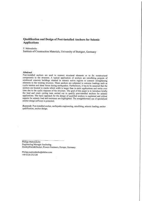 Pdf Qualification And Design Of Post Installed Anchors For Seismic Applications
