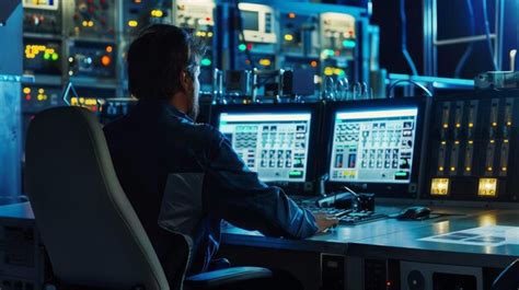 Control Room Operator Analyzing Data On Multiple Hightech Monitors In A Dimlylit Industrial