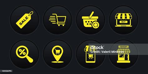 백분율 온라인 쇼핑 위치 카트 모바일 및 리프레시 바구니 쇼핑 시장 상점 및 가격 태그 판매 아이콘으로 돋보기를 설정합니다 벡터 건물 정면에 대한 스톡 벡터 아트 및 기타