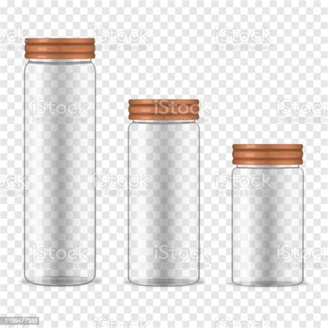 투명 한 배경에 나사 대나무 뚜껑 벡터 모형 설정 투명 유리 저장 항아리 빈 음식 통 현실적인 그림 메이슨 항아리에 대한 스톡