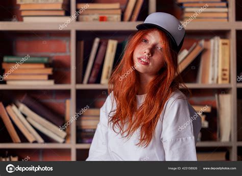 Portrait Redhead Woman Template Blank Shirt Cap Healthy Freckled Skin