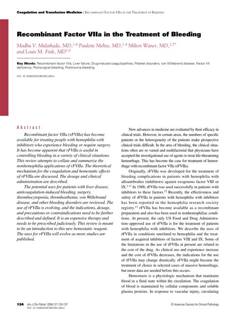Pdf Recombinant Factor Viia In The Treatment Of Bleeding