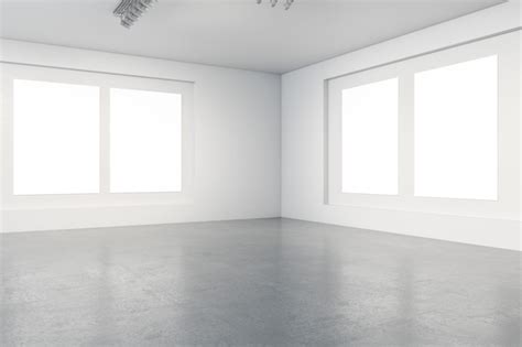 벽에 모의 포스터가 있는 빈 콘크리트 갤러리 내부 및 일광 박물관 개념 3d 렌더링 프리미엄 사진