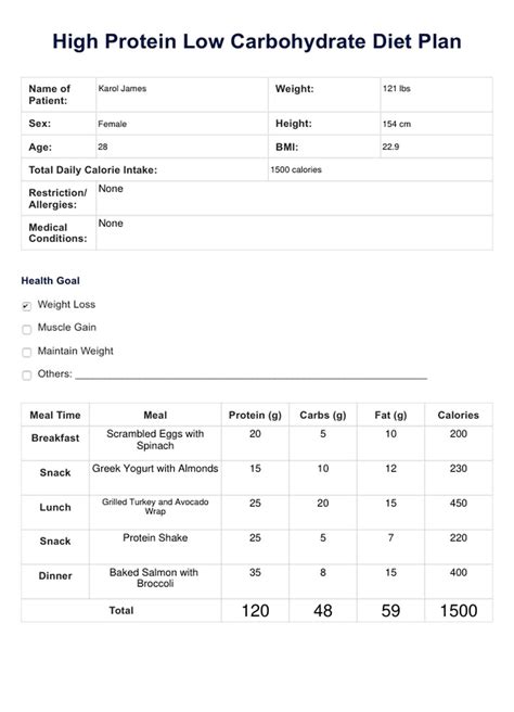 High Protein Low Carb Diet Plan Template And Example Free Pdf Download