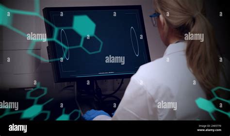 Image Of Chemical Formulas And Data Processing Over Caucasian Female
