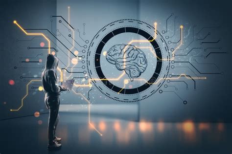 Hacker In Hoodie With Laptop Standing Before Neural Brain Interface Concept Glowing Connections
