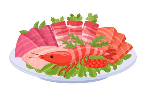 아시아 요리 요리 일본 또는 한국 전통 음식 해산물 접시 튀김 생선회와 새우 평면 벡터 일러스트 레이 션 만화 맛있는 아시아 요리 건강한 생활방식에 대한 스톡 벡터 아트 및