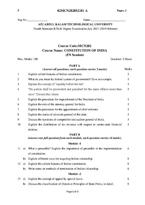 Constitution Of India Syllabus Ktu S4 Cse Kerala Notes 2019 Scheme Code Mcn Course Name
