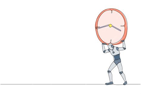 Premium Vector Single One Line Drawing Tired Robot Carrying Heavy Clock On His Back Robot Work