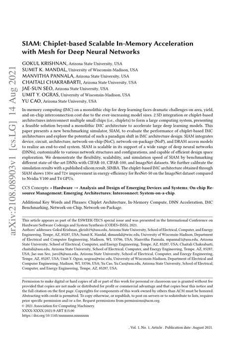 Pdf Siam Chiplet Based Scalable In Memory Acceleration With Mesh For