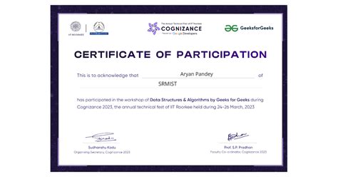 Aryan Pandey Certificate Of Workshop On Data Structures And