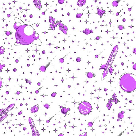 로켓 행성 별 발견되지 않은 은하계 우주의 환상적이고 흥미로운 직물 직물 끝없는 타일링 패턴 벡터 일러스트레이션 만화 모티브가 있는 우주 원활한 배경 프리미엄 벡터