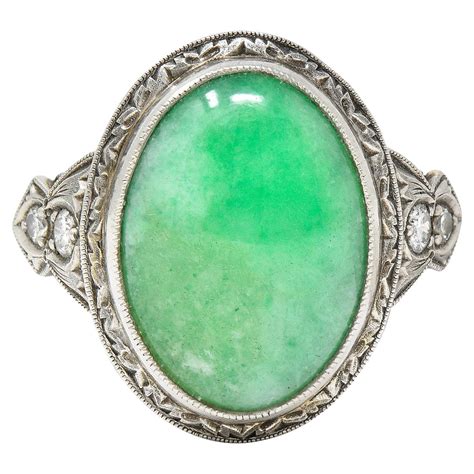 Oval Jade Diamond Platinum Ring For Sale At 1stdibs