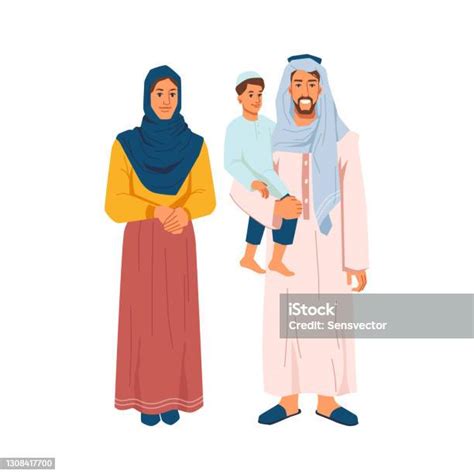 행복한 무슬림 가족 아들과 함께 팔과 여자에 국가 천 고립 된 만화 사람들 히잡 머리 스카프에 벡터 아버지와 어머니 수염 사우디 사람 중동 부모 부모 개념 이슬람교에 대한
